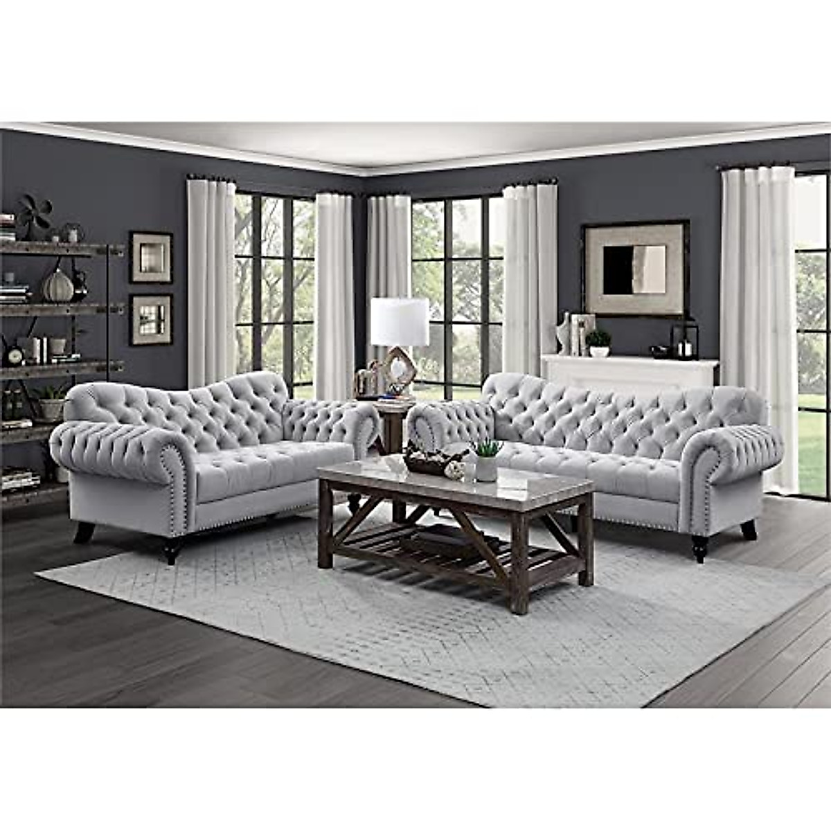 Pemberly Row 18.5" Traditional Velvet Fabric Sofa with Nail Head in Light Gray