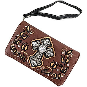 Justin West Western Floral Rhinestone Side Pocket Cross Slim Handle Handbag Purse Tote and Strap Wallet (Brown Purse and Wallet)