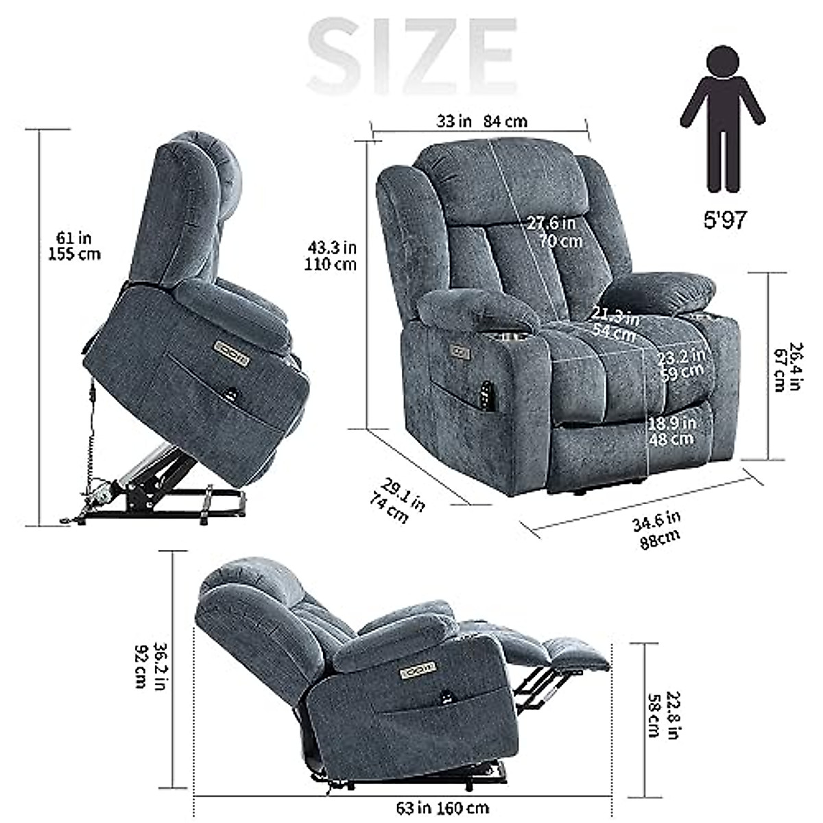 Trustyue Power Lift Recliner Chair for Elderly, Lift Chair with Full-Body Massage and Heat, Hand Remote Control, Upgraded Powerful Motor, USB Ports, Stainless Steel Cup Holders, Chenille Blue