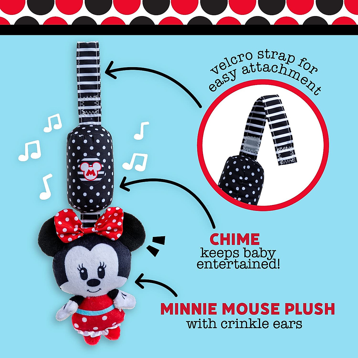 KIDS PREFERRED Disney Baby Minnie Mouse High Contrast Crinkle Plush, Boys and Girls Ages 0+, Stroller On The Go Activity Toy, Travel Chime Toy (81249)