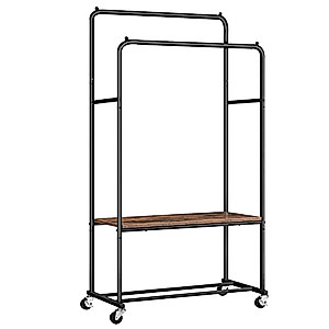 HOOBRO Garment Rack, Rolling Clothing Rack with Shelf, Heavy Duty Double Rods Clothes Rack on Wheels, Hanging Rack for Clothes, Shoes,Storage Display, BF22LY01
