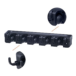 Superio Mop and Broom Holder Wall Mount (Black) Cleaning Tools Wall Organizer, 5 Rack Slots and 6 Hooks for Kitchen Closet Garage Garden and Office