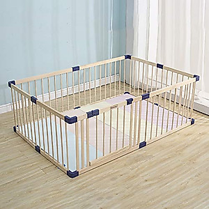 Kids Play Fence with Door,Wood Playpen Baby Safety Play Center Yard, Safe Play Area Indoor Kids Safety Activity Center Playard w/Locking Gate , Without Mat