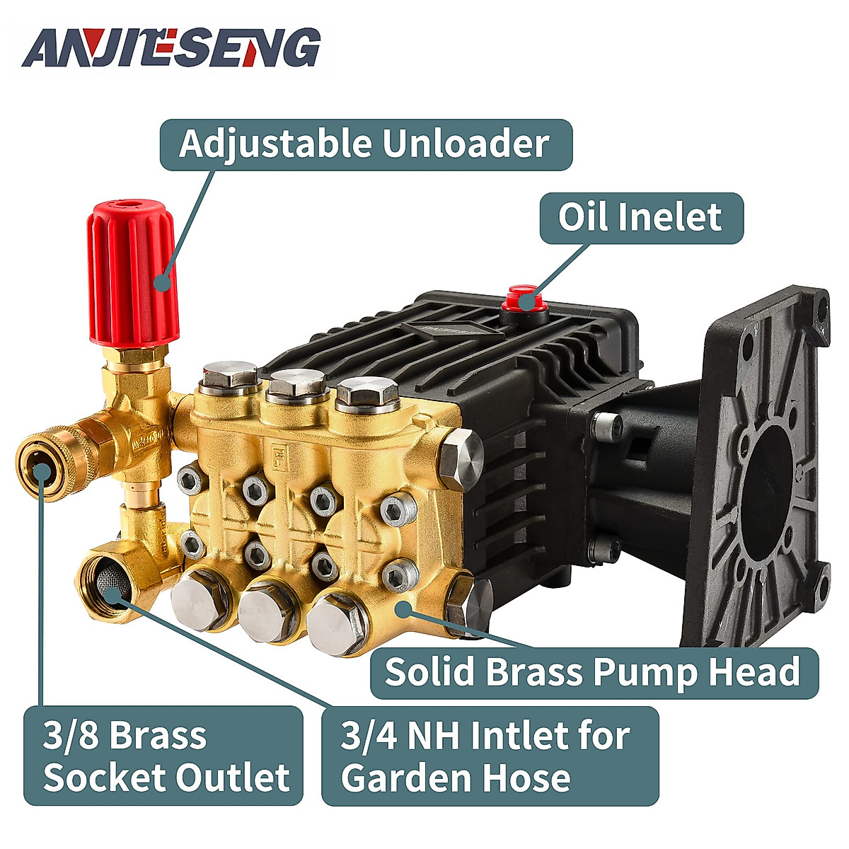 ANJIESENG 4000 PSI Pressure Washer Pump Horizontal Pressure Washer Triplex Plunger, 1'' Shaft 4.8 GPM Power Washer Pump Replacement for Most Gas Engine Power Washer with Easy Pressure Adjustment