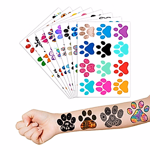 Dog Paw Tattoos Temporary Birthday Party Supplies Decorations Favors Cute Tattoo Sticker 8 Sheets 96 PCS Gifts for Kids Girls Boys Class School Prizes Rewards Carnival Christmas