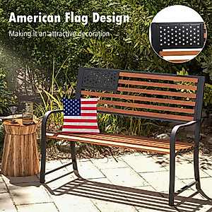 Giantex Outdoor Bench, 2-Person Metal Garden Bench with American Flag Backrest, Curved Armrests & Slatted Seat, 660 Lbs Capacity, Outdoor Bench for Lawn, Porch, Yard, Park Bench