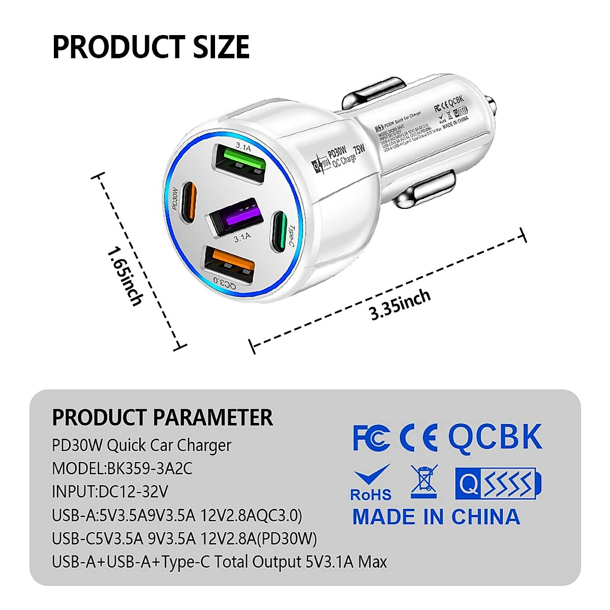 75W Ultra-Fast Car Charger, 30W/QC3.0/Type C 5-Port Smart Shunt 12 Volt Car Adapter Cigarette Lighter USB Charger Compatible with iPhone 14 Pro MAX/13,MacBook Pro,iPad Pro (3USB+2PD White)
