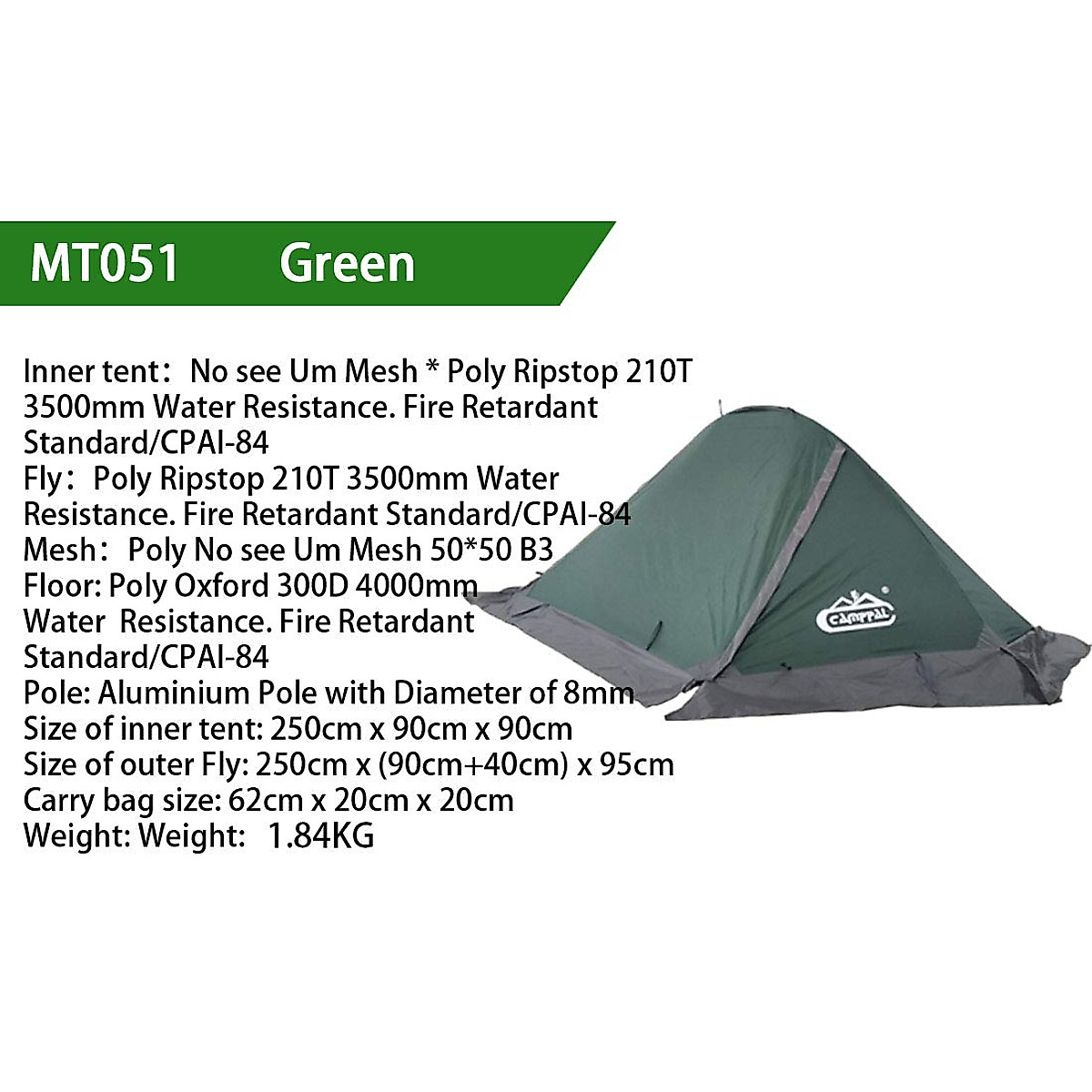 camppal 1 Person Tent Backpacking Camping Hiking Mountain Hunting Tent Lightweight and Waterproof for 4 Season Extreme Space Saving Single Bracket (Green-with skirt)