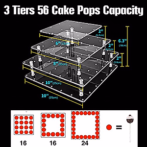 Goabroa Cake Pop Display Stand, 56 Holes Clear Acrylic 3 Tier Square Cupcake Dessert Holder Weddings Baby Showers Birthday Parties Anniversaries Halloween Candy Decorative (56 Hole)