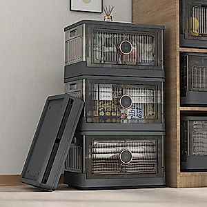 Btalani Collapsible Storage Bins with Lids, Stackable Storage Box with Wheels & Doors, Rotating to Lock & Unlock, 8.72 Gal Plastic Storage Bins for Home and Outdoor, 3-Pack, Grey