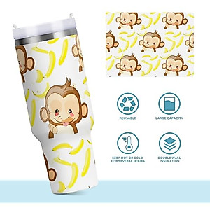 Stainless Steel Vacuum Insulated Tumbler 40 Oz with Handle and Straw, Cute Monkey Banana Travel Coffee Tumbler