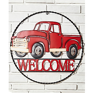Glitzhome 23.75" L Welcome Metal Rustic Red Truck Wall Decor, Welcome Hanging Sign Decoration for Home Outdoor Indoor
