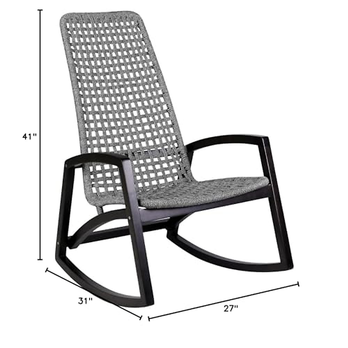 HomeStock Art Deco Dreams Outdoor Patio Rocking Chair in Dark Eucalyptus Wood and Grey Rope