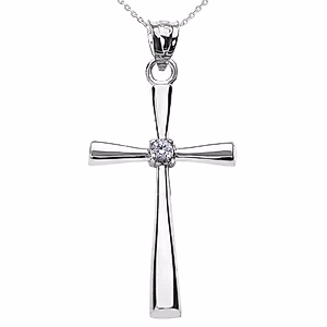 14K White Gold Solitaire Diamond Accented Cross Pendant Necklace, 16"