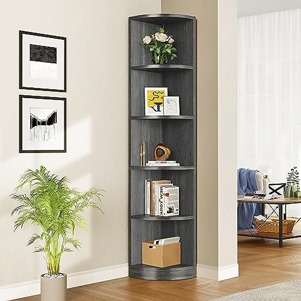 YITAHOME 70.8" Corner Shelf, 5 Tier Corner Bookshelf and Bookcase, Modern Open Free Standing Shelving Unit Wooden Display Rack Storage Shelves for Bedroom, Living Room, Home Office, Charcoal Gray