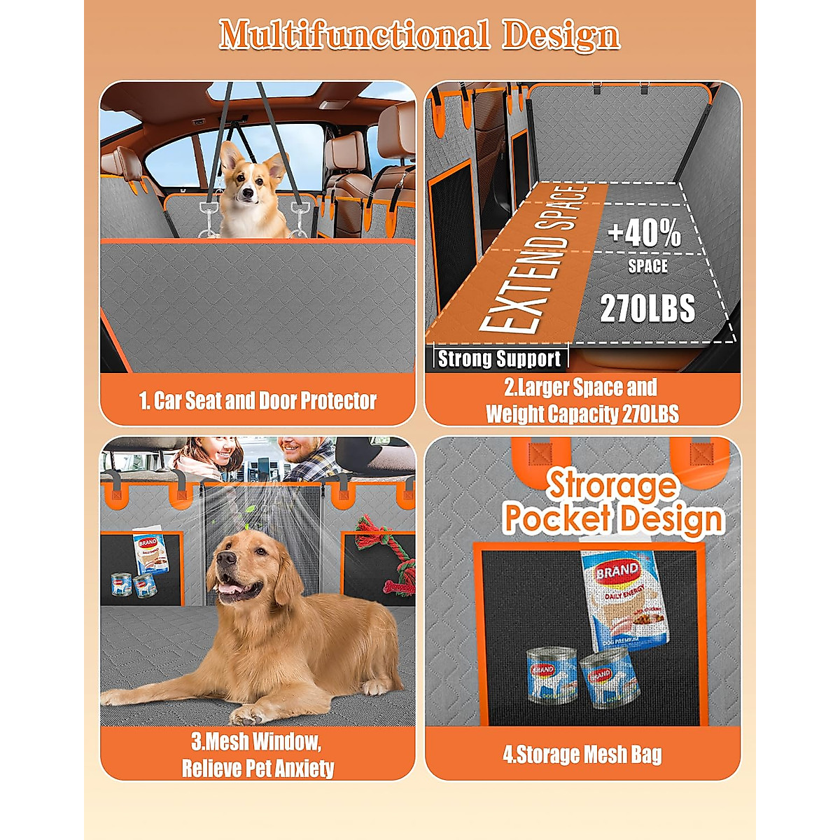 Instraella Back Seat Extender for Dogs, Dog Car Seat Cover for Back Seat with Waterproof Hard Bottom for Car SUV, Dog Hammock Travel Bed to Protect Your Car Backseat (for Car/Compact SUV-Grey)