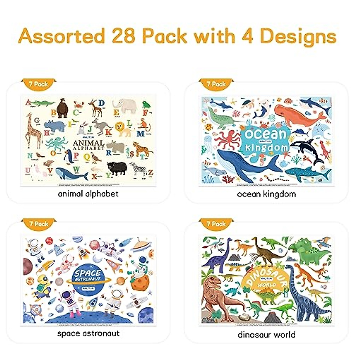 Disposable Placemats for Baby, Maliton Kids Placemats for Dining Table, Restaurants, Travel, 12" x 18" Baby Place Mats with 4 Designs, 28 Pack Waterproof Stick-On Mats for Toddler(Individual Package)