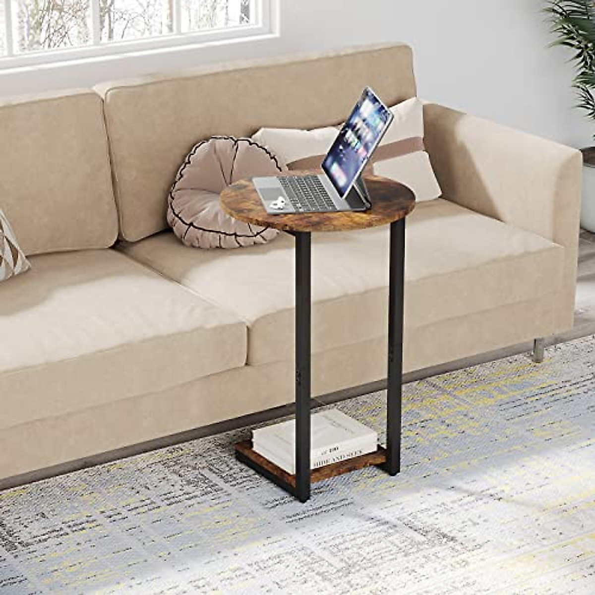Small Side Table C Table End Table - Small Wood Coffee Table TV Tray for Eating Couch Tables That Slide Under, Modern C Shaped Side Table for Small Space, Oval Table Top Design, Rustic Brown