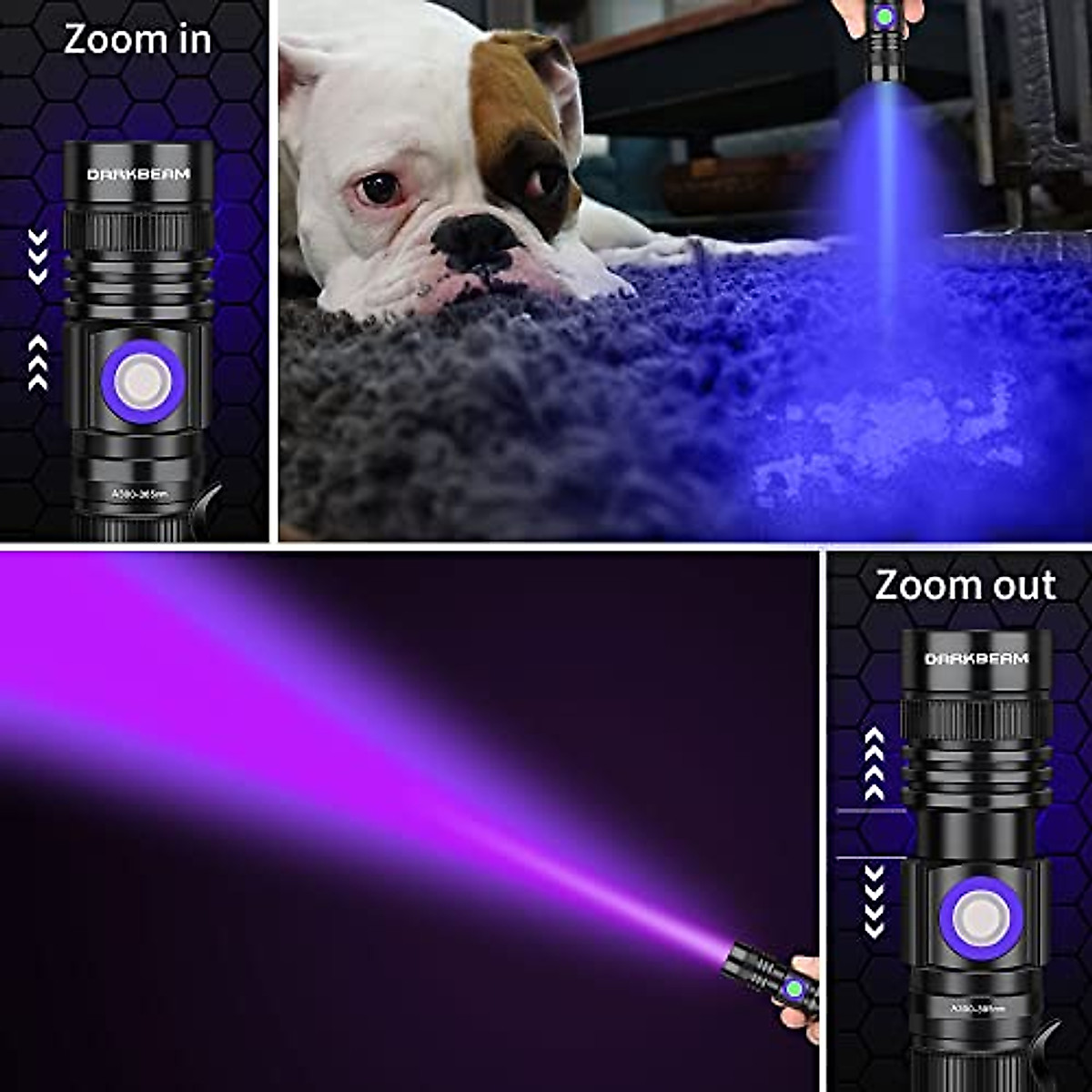 DARKBEAM UV Flashlight 365nm & 395nm Blacklight Rechargeable USB, Wood’s Lamp Ultraviolet Black Light LED Portable with Clip - Detector for Pet Cat Urine, Stains, Resin Curing, Uranium Glass, 2 Pack