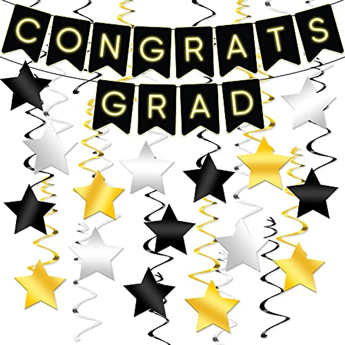 Black, Gold and Silver Star Hanging Swirls - Pack of 30, No DIY | Neon Glow, Congrats Grad Banner - NO DIY, 10 Feet Congrats Banner | Neon Effect Congratulations Banner | Black and Gold Grad Party