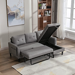 PEIHONGET Sectional Sleeper Sofa with Pull Out Bed, 3-Seater Sofa Couch with Storage Modern L-Shaped Sofa Bed with Chaise Lounge for Small Spaces, Living Room (Light Gray+Polyester)