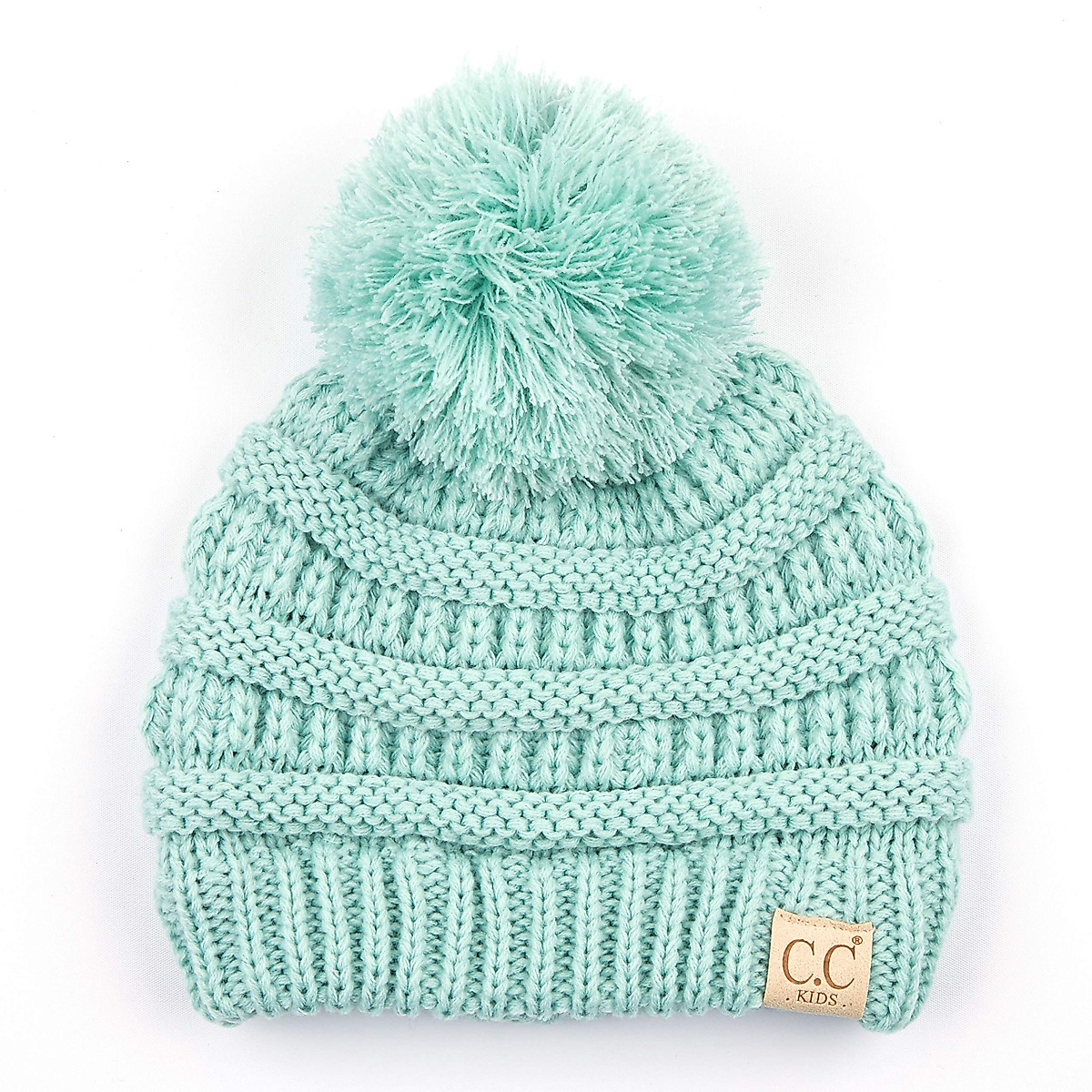 C.C Kids Beanie Ages 2-7 Warm Chunky Thick Stretchy Knit Slouch Beanie Skull Kids Hat with Pom (YJ-847-POM) (Mint)