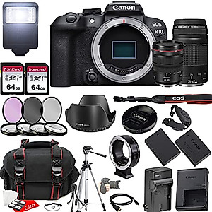 Canon EOS R10 Mirrorless Camera w/RF 24-105mm f/4 L is USM Lens + EF 75-300mm f/4-5.6 III Lens + 2X 64GB Memory + Hood + Case + Filters + Tripod & More (35pc Bundle)