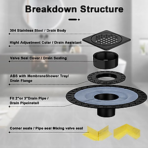 Shower Drain Flange Kit Compatible with Schluter Systems kerdi Shower Drain, with Vertical ABS 2 Inch Flange, ABS Plastic Pipe, Corners and Seals, CUPC Certification, Matte Black
