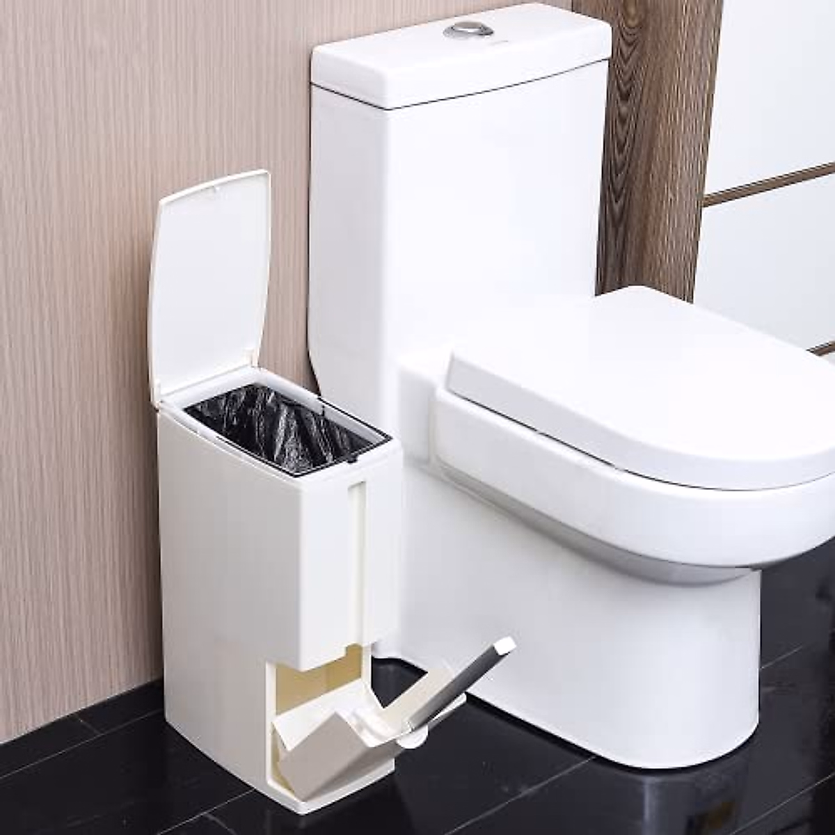 Cq acrylic Slim Plastic Trash Can with Press Top Lids for Bathroom,2.1 Gallon Garbage Can with Toilet Brush Holder,Waste Bin Between Wall & Toilet Dogproof Slim Rectangular Trash Bin for Toilet White