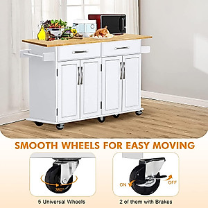 Pliwier Kitchen Island Cart on Wheels with Cabinet, Rubberwood Countertop, Lockable Casters, Adjustable Shelves, Kitchen Storage Islands for Dining Room, L48xW18xH36 Inches, Easy Assembly