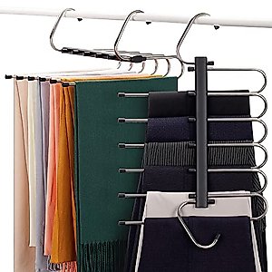 Pants Hangers Space Saving Collapsible Multiple Pants Hangers for Closet Stainless Steel 6 in 1 Trousers Hangers 360°Swivel Clothes Hangers Storage Organizer for Pants Jeans Scarf (1 Pack-6 Layers)