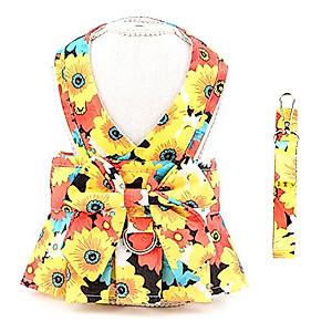 SMALLLEE_LUCKY_STORE Dog Floral Harness Dress with Leash Set,Bow Puppy Princess Dress for Small Medium Dog Cat Girls Adjustable Pet Skirt with D-Ring Female Dog Clothes Summer Apparel,Orange,L