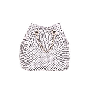 Olivia Miller Women's Fashion Round Pouch Evening Bag Silver Elegant Formal Crossbody Handbag Wedding Prom Party Purse w Mesh Dazzling Rhinestone