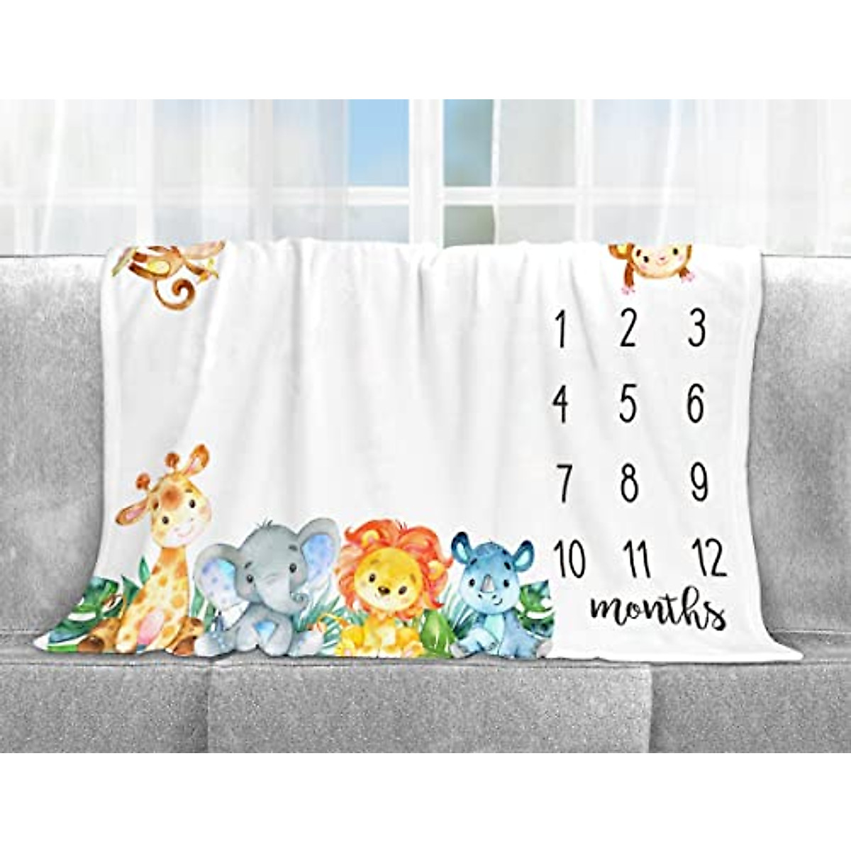 Safari Jungle Baby Monthly Milestone Blanket, Jungle Animals Milestone Blanket for New Mom, Giraffe Elephant Baby Growth Chart Monthly Blanket, Includes Marker (Blue, 50"x40")
