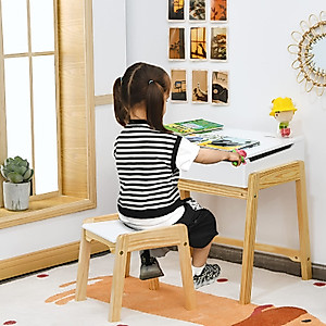 Costzon Kids Table and Chair Set, Wooden Lift-top Desk & Chair w/Storage Space, Safety Hinge, Gift for Toddler Drawing, Reading, Writing, Homeschooling, Children Activity Table & Chair (White)