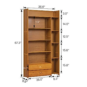 MoNiBloom 5 Tier Bookcase with 2 Drawers, Bamboo Large Multifunctional Shelf Storage Organizer Book Display Shelves for Home Living Room Office, Brown