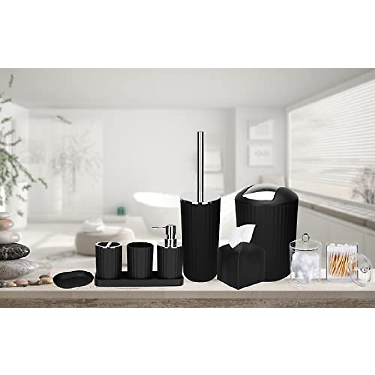 Black Bathroom Accessories Set, 10 Pcs Plastic Bathroom Accessory Set with Trash Can,Toilet Brush Holder,Soap Dispenser,Soap Dish,Toothbrush Holder and Cup,Tray,Qtip Holder,Tissue Box Cover