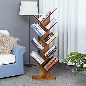 C&AHOME 9-Shelf Tree Bookshelf, Bamboo Bookcase, Book Rack, Storage Shelf Rack in Living Room, Free-Standing Books Holder Organizer, Space Saver for Home, Office Oak Red