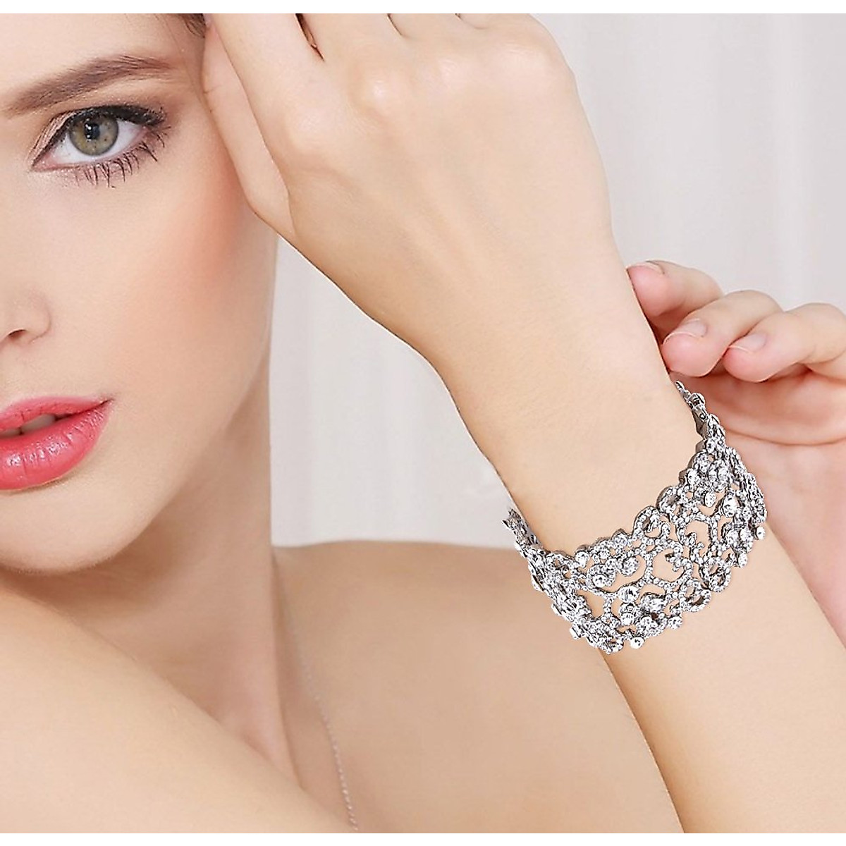 EVER FAITH Women's Austrian Crystal Bride Heart Art Deco Elastic Stretch Bracelet Clear Silver-Tone