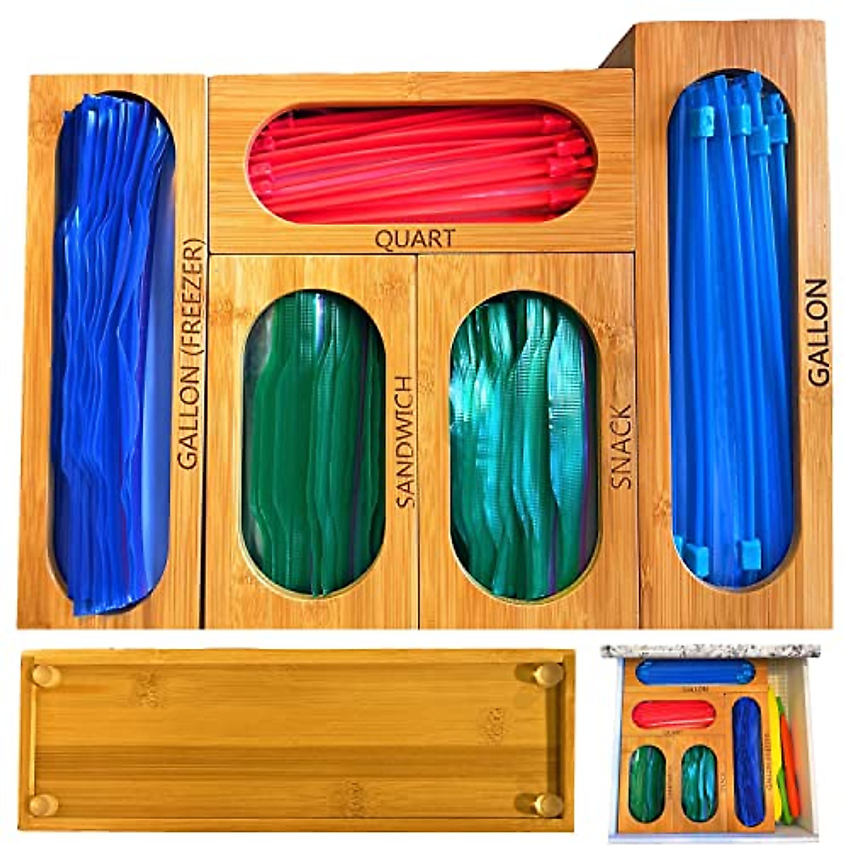 5 Piece Set -Bamboo Ziplock Bag Organizer for Drawer- Bamboo Ziplock Bag Storage Organizer for Kitchen Drawer, Bamboo Food Storage Bag organizer For Gallon, Snack, Quart, Sandwich, Gallon(Freezer)