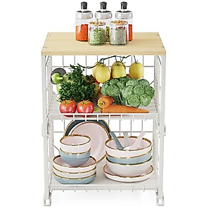 1Easylife Kitchen Counter Basket Wire Basket with Bamboo Top, 2 Tier Detachable Fruit Basket Metal Mesh Bin for Kitchen Organization and Storage, Spice Rack Organizer (White)