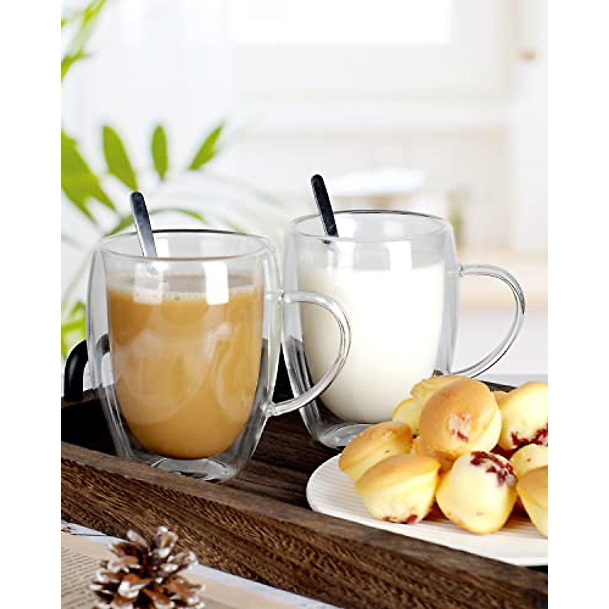 LIBWYS 2 Pack Double Walled Coffee Cups Glasses Mugs, 12oz Espresso Cappuccino Latte Tea Cups with Handle, Heat Resistant Borosilicate Clear Glasses 350ml