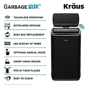 Kraus KTCS-10MB GarbagePro Rectangular 13 Gallon Hands-Free Motion Sensor Trash Can Battery Operated in Matte Black Finish with SoftShut Touchless Lid