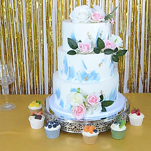 FEICTPOX Cake Stand, Metal Round Cupcake Dessert Stand Cake Display Holder Cookies Fruit Serving Tray Decor for Wedding Party Birthday Baby Showers Anniversary (16in, Silver,Hi-Q)