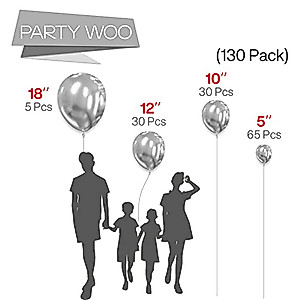 PartyWoo Metallic Silver Balloons, 130 pcs Silver Balloons Different Sizes Pack of 18 Inch 12 Inch 10 Inch 5 Inch for Balloon Garland as Birthday Decorations, Party Decorations, Wedding Decorations