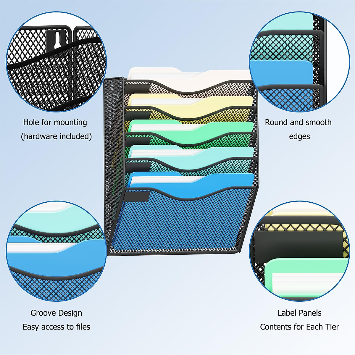 JessYo Office 5 Pocket Mesh Wall File Holder Hanging Folder Organizer Wall Mounted Magazine Document Rack, Black