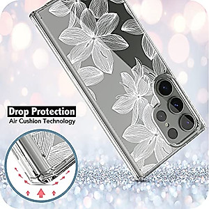 RANZ Galaxy S23 Ultra Case, Anti-Scratch Shockproof Series Clear Hard PC+ TPU Bumper Protective Cover Case for Samsung Galaxy S23 Ultra - White Flower