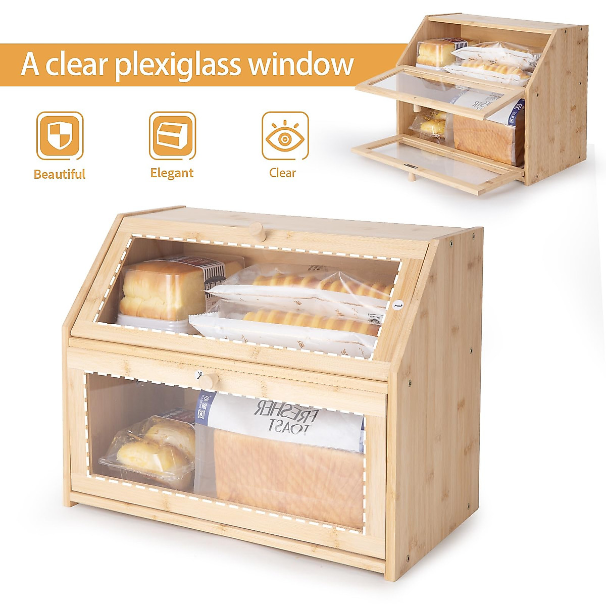 LEIMO KPARTS Bread Storage Farmhouse Bread Box For Kitchen Countertop,Double Layer Bamboo Wooden BreadBox Large Capacity Bin Bread Holder For Kitchen Counter Bread Container With Clear Window