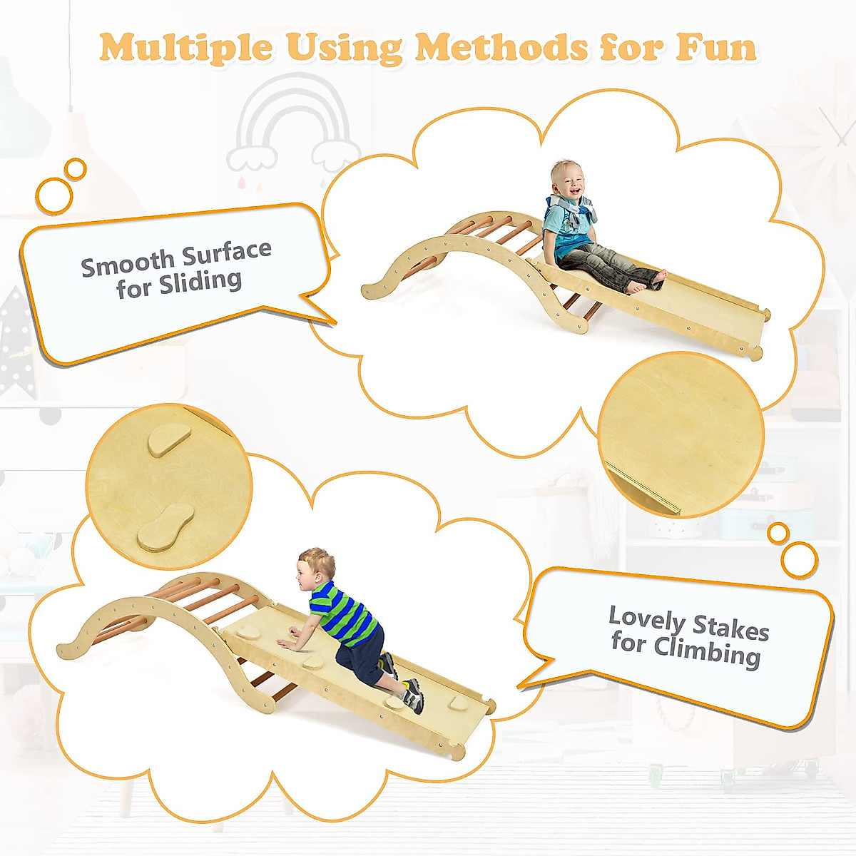 Olakids Climbing Toys for Toddlers, 3 in 1 Kids Wooden Pikler Montessori Arch Climbing Rocker with Ramp Ladder Cushion Pad for Gym Playground, Indoor Baby Climber Toy Play Structure Activity Set