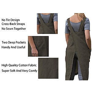 Amlztr Women's Pinafore Apron Cross Back Apron with Pockets Cotton Linen Apron Dress Plus Size